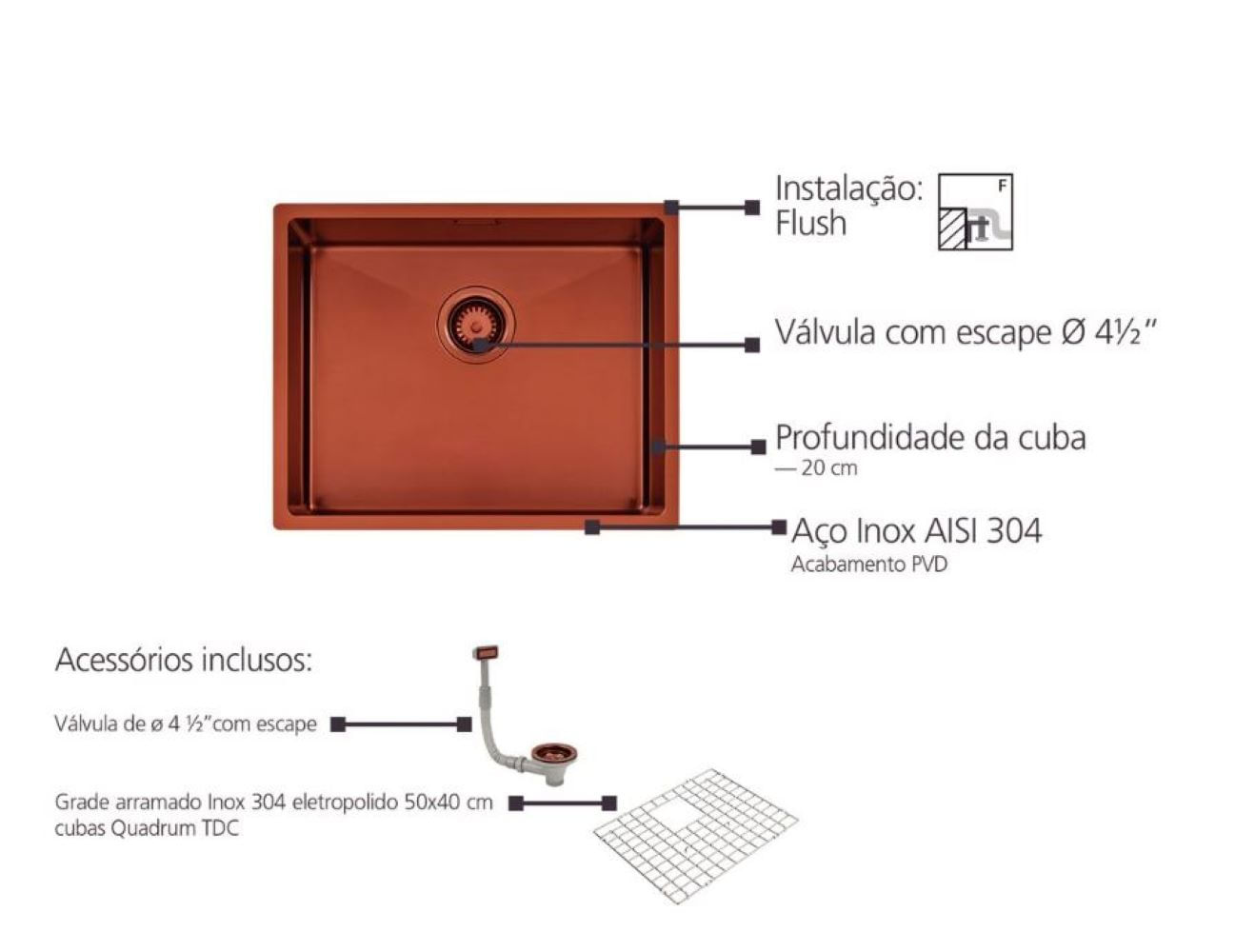 CUBA TRAMONTINA DESIGN COLLECTION QUADRUM AÇO INOX REVESTIMENTO PVD ...