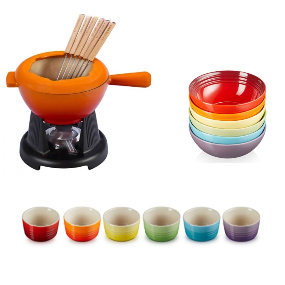 KIT LE CREUSET FONDUE LARANJA, SET 6 BOWLS E 6 MINI RAMEKIN GIFT COLLECTION